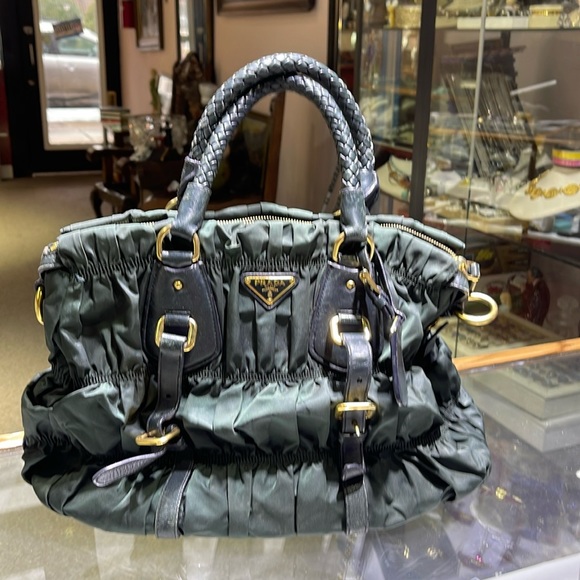 Prada | Bags | Prada Tessuto Gaufre Braided Handle Satchel Green Nylon ...